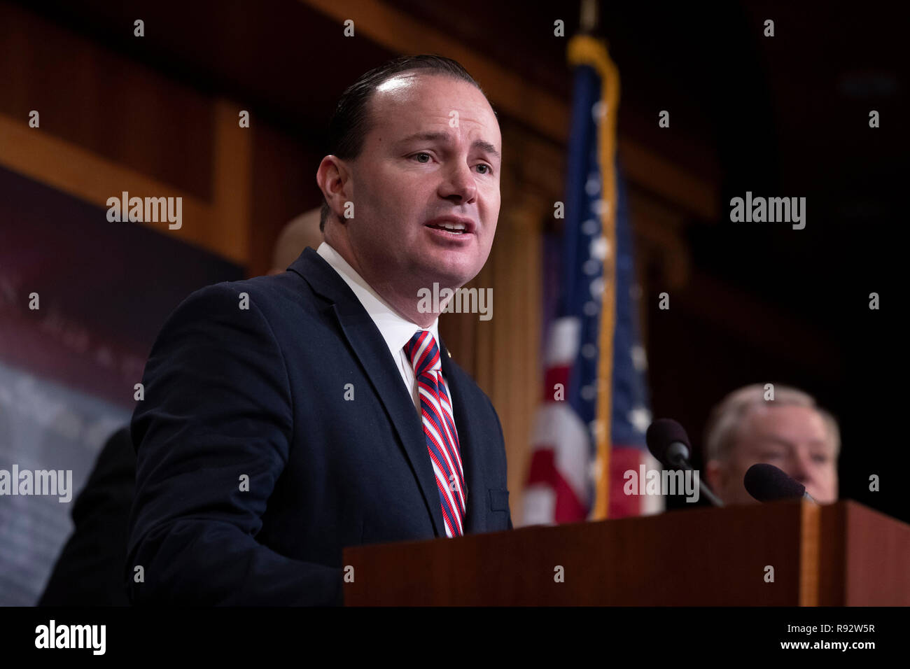 Senator Mike Lee, Republican of Utah, speaks to reporters during a news ...