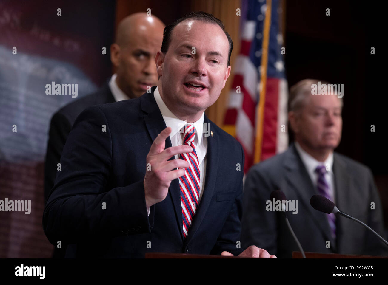 Senator Mike Lee, Republican of Utah, speaks to reporters during a news ...