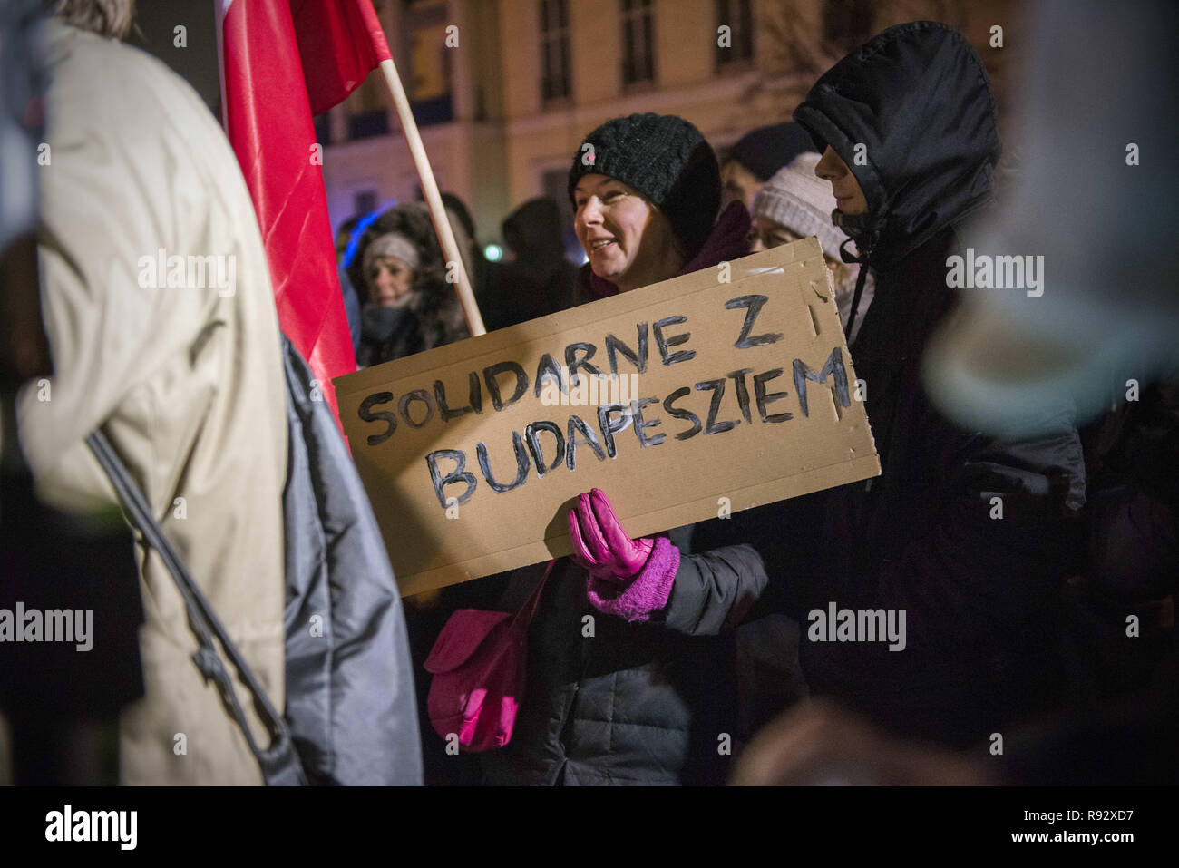 Warsaw, Mazowieckie, Poland. 19th Dec, 2018. A protester seen holding a ...