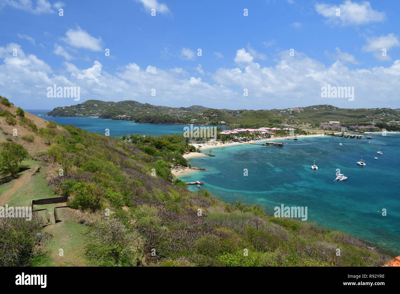 View from the top of Pigeon island of Rodney bay in Saint lucia Stock ...