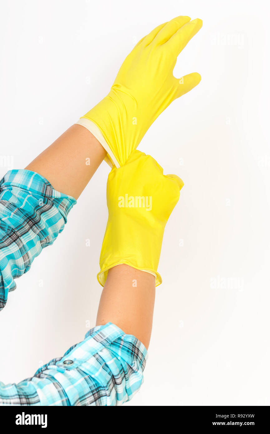woman housekeeper wear yellow rubber gloves on white background Stock ...