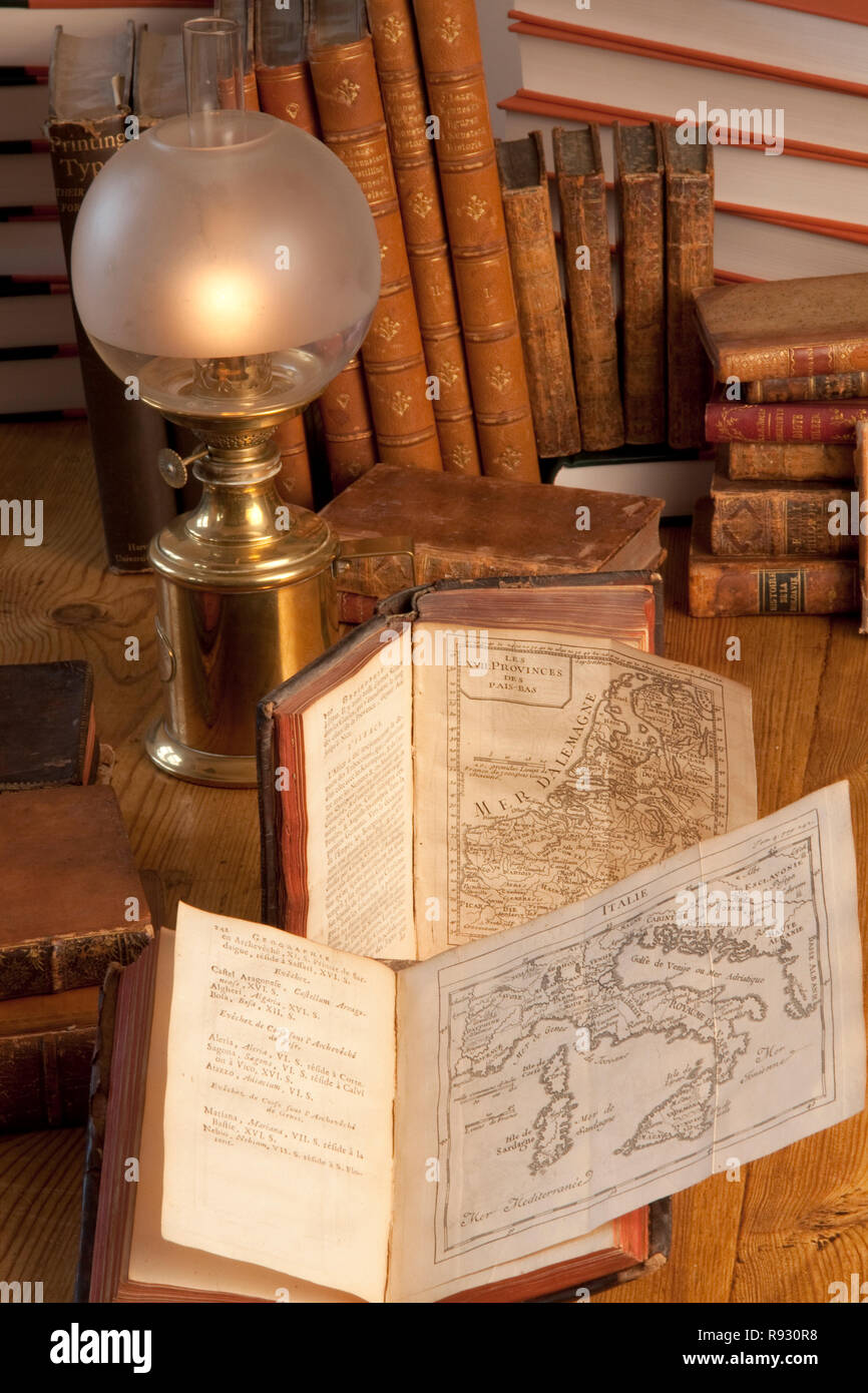 Old antique vintage books with maps of Italy and Europe Stock Photo - Alamy
