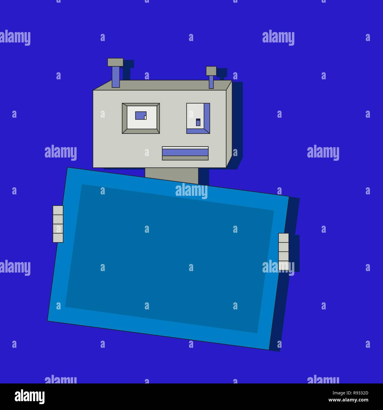 Cute cartoon flat robot with banner on blue background, template for ...
