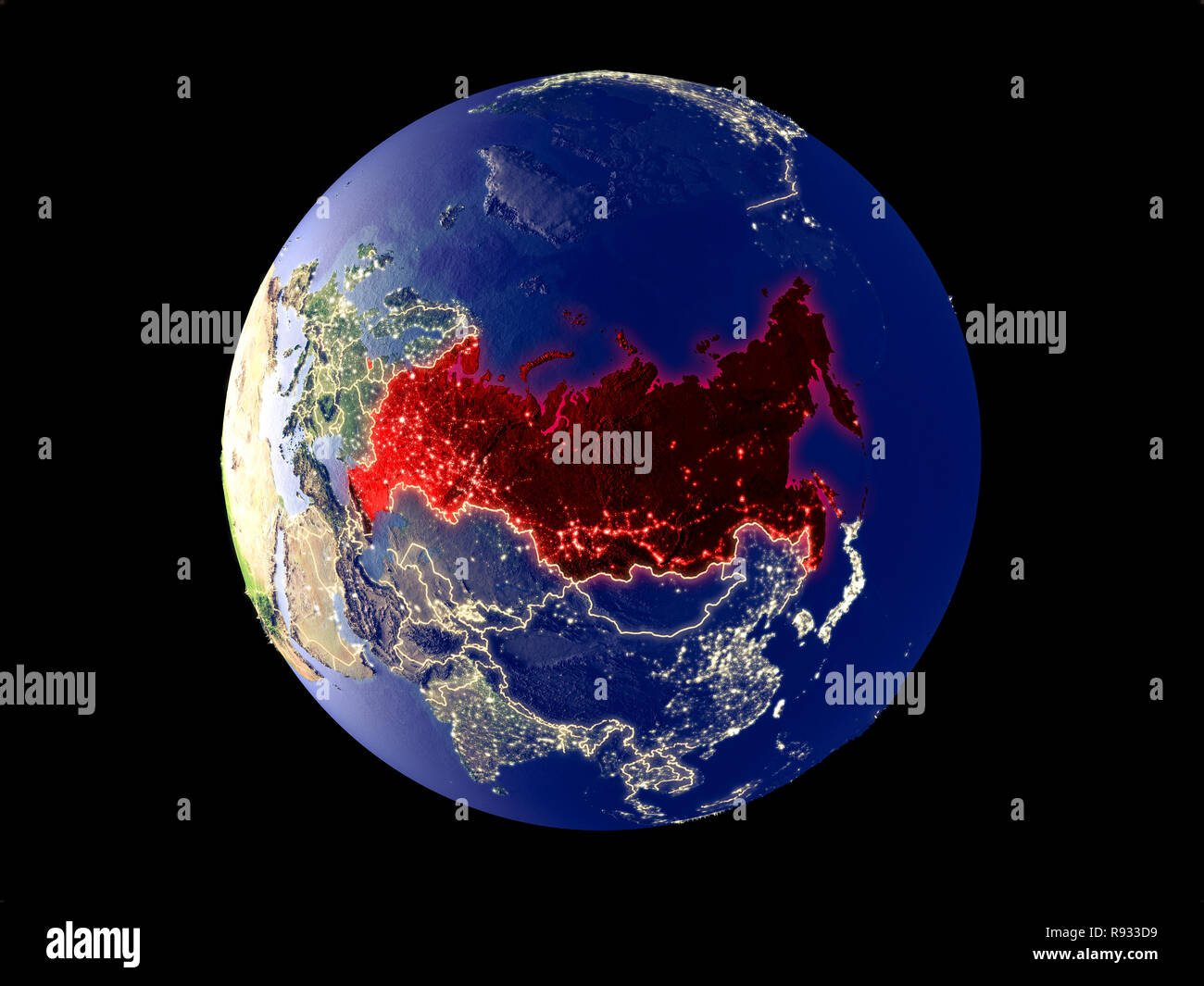 Russia from space on model of planet Earth with city lights. Very fine ...