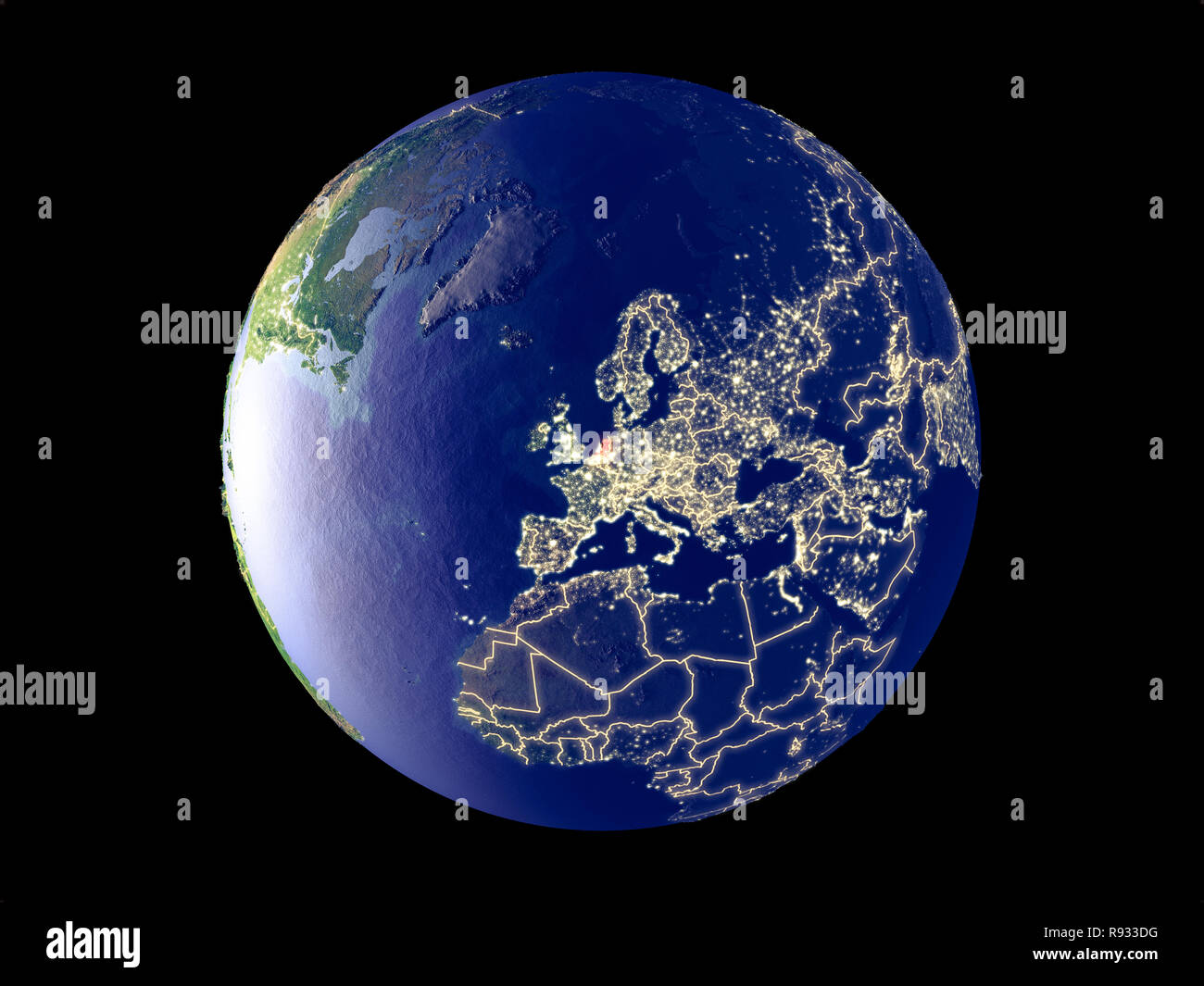 Netherlands from space on model of planet Earth with city lights. Very ...