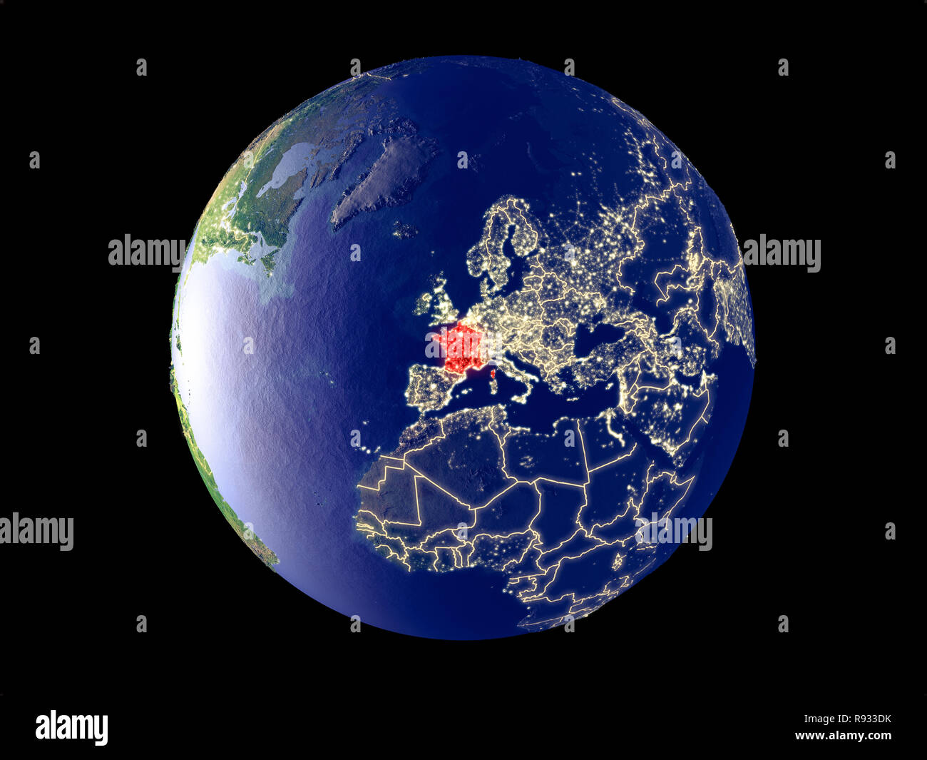 France from space on model of planet Earth with city lights. Very fine ...
