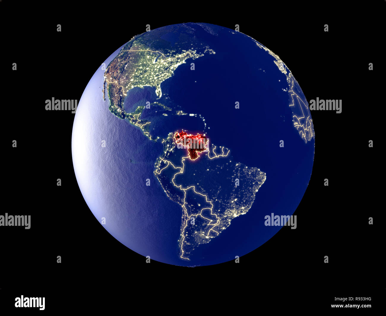 Venezuela from space on model of planet Earth with city lights. Very ...