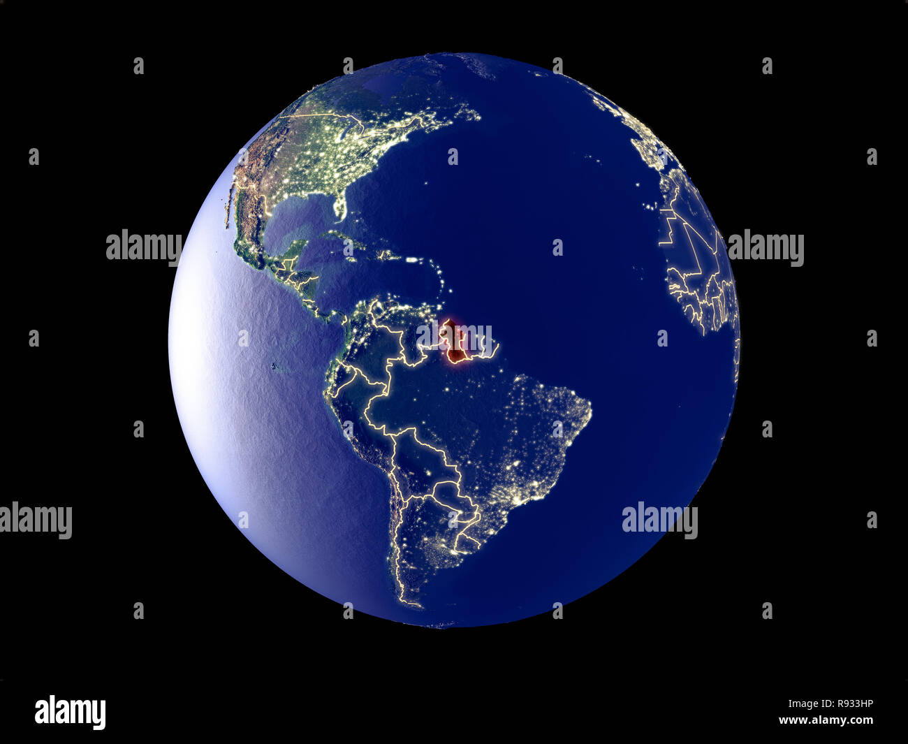 Guyana from space on model of planet Earth with city lights. Very fine ...