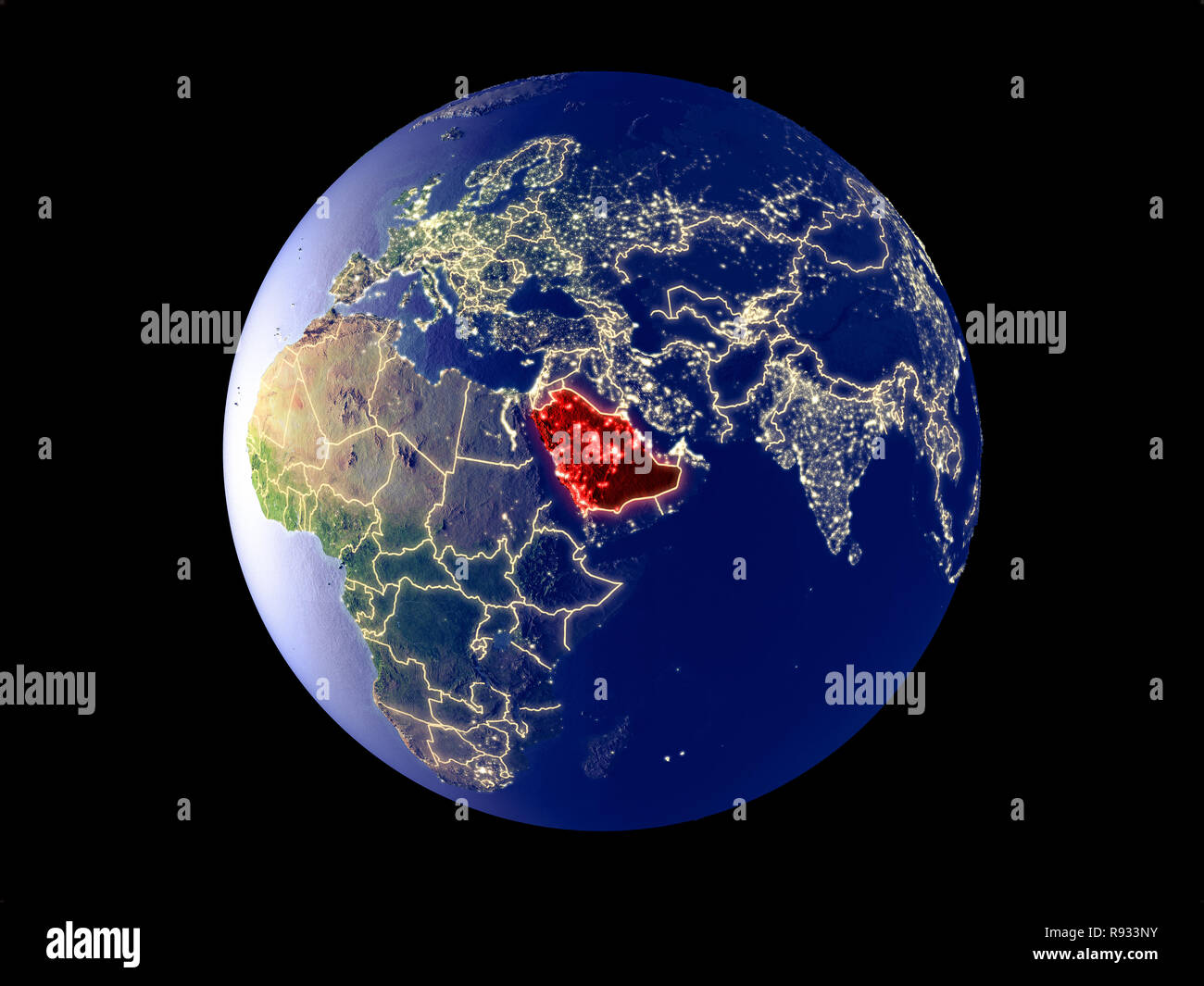 Saudi Arabia from space on model of planet Earth with city lights. Very ...