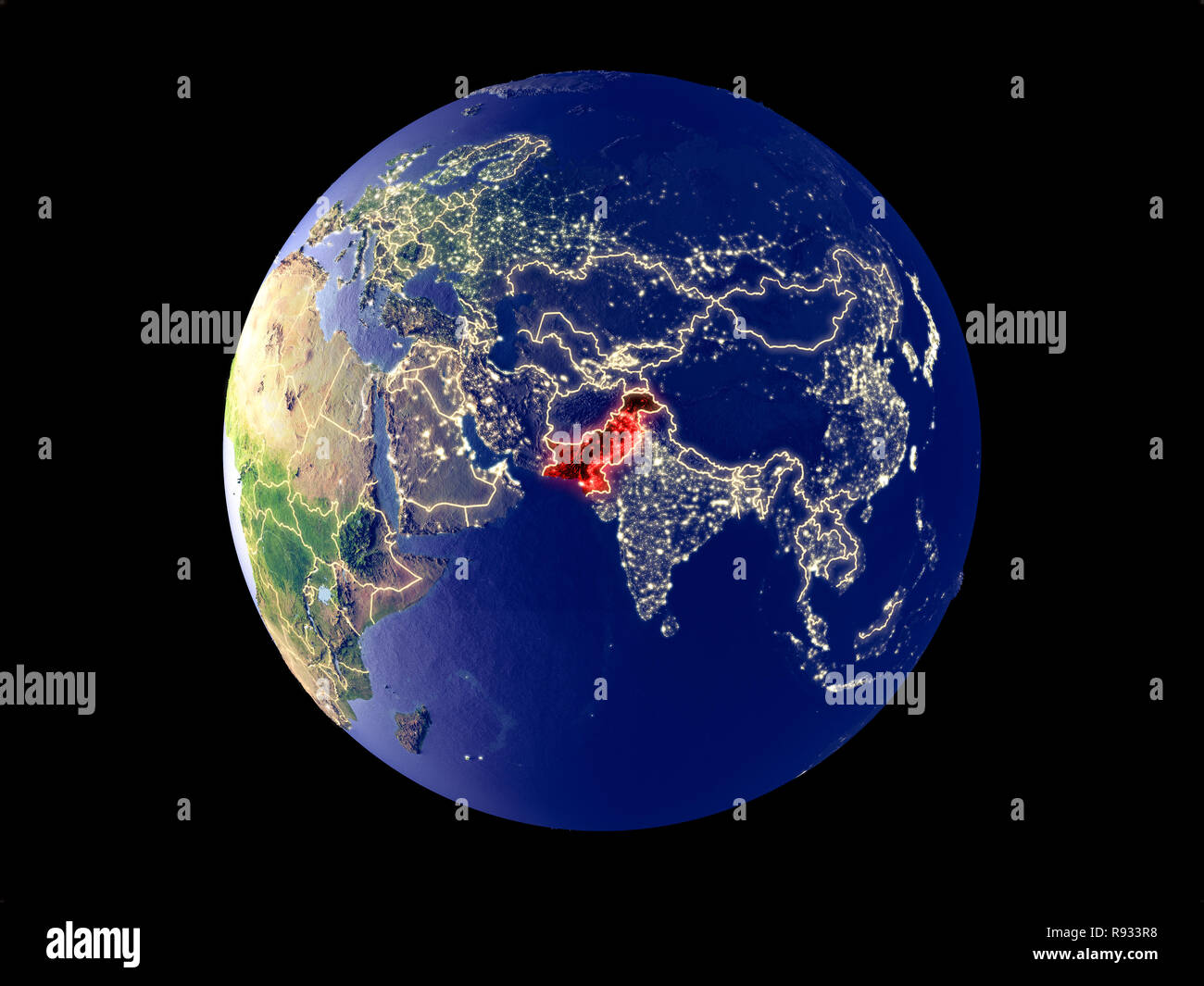 Pakistan from space on model of planet Earth with city lights. Very ...