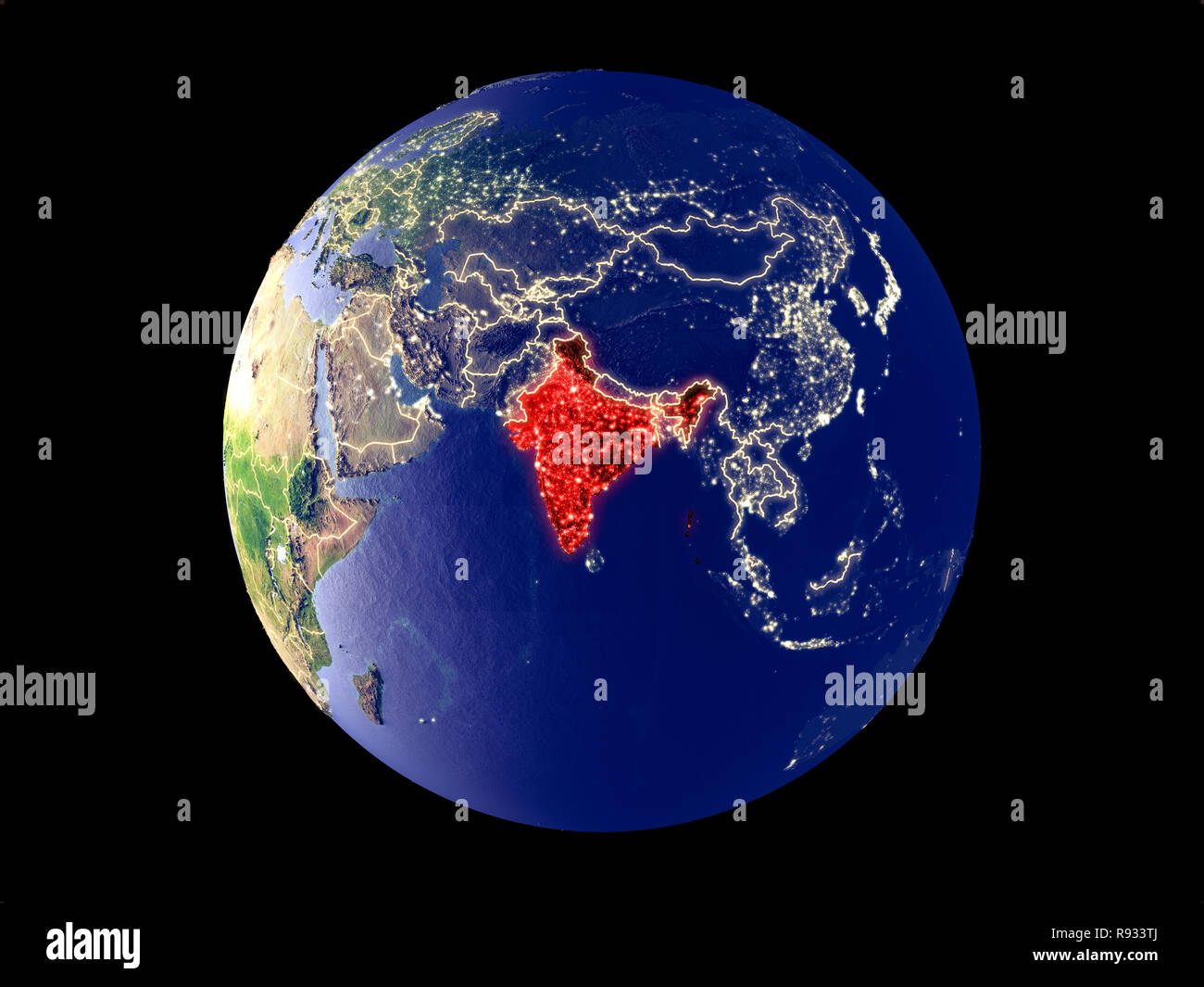 India from space on model of planet Earth with city lights. Very fine ...