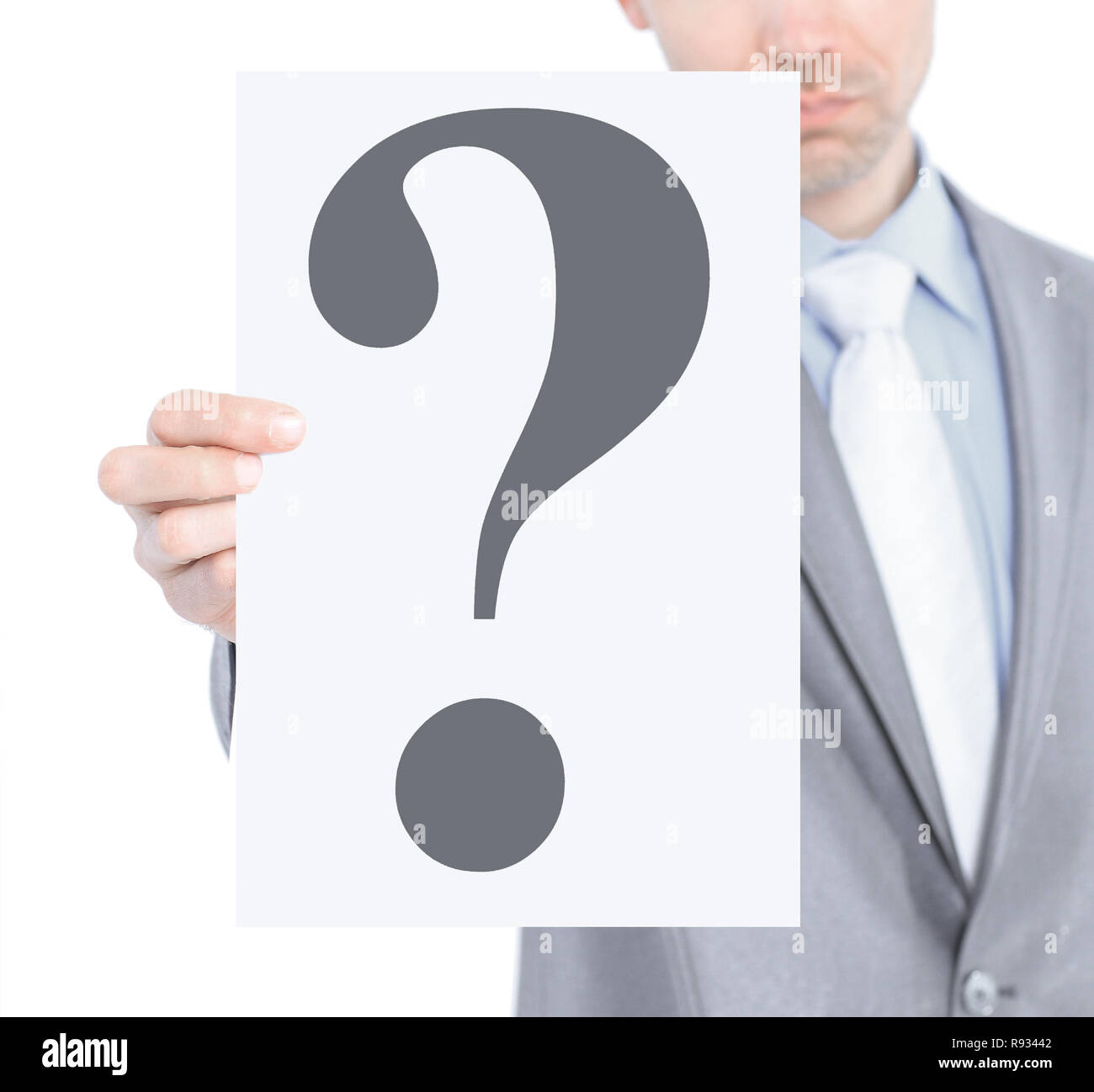 Nice businessman, with a question mark. Isolated on a white background ...