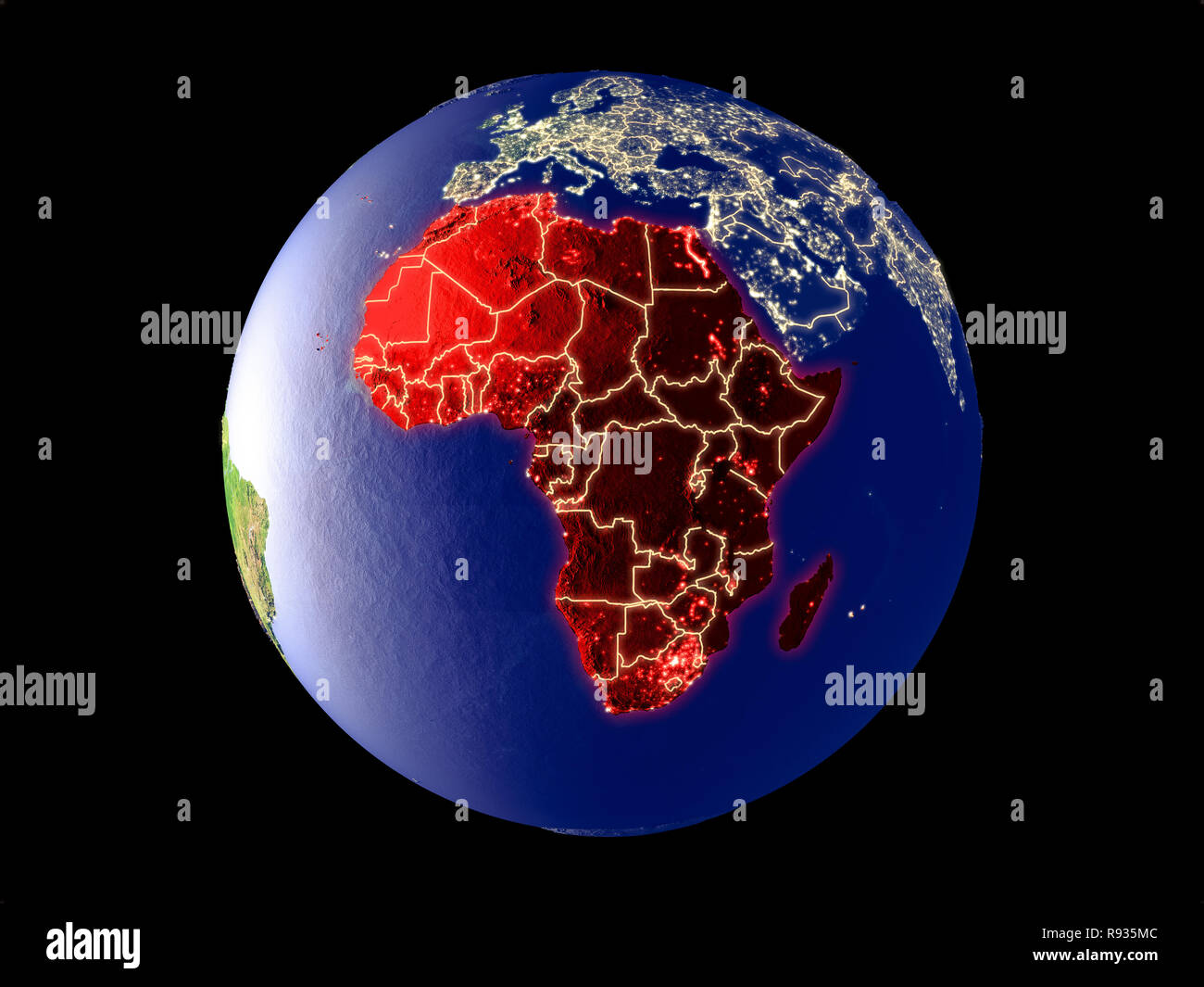 Africa from space on model of planet Earth with city lights. Very fine ...