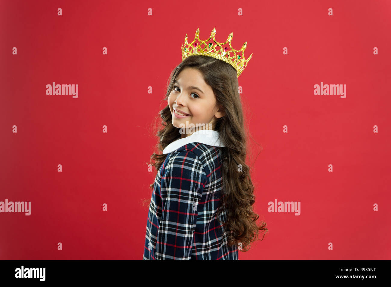 Lady little princess. Girl wear crown red background. Spoiled child ...