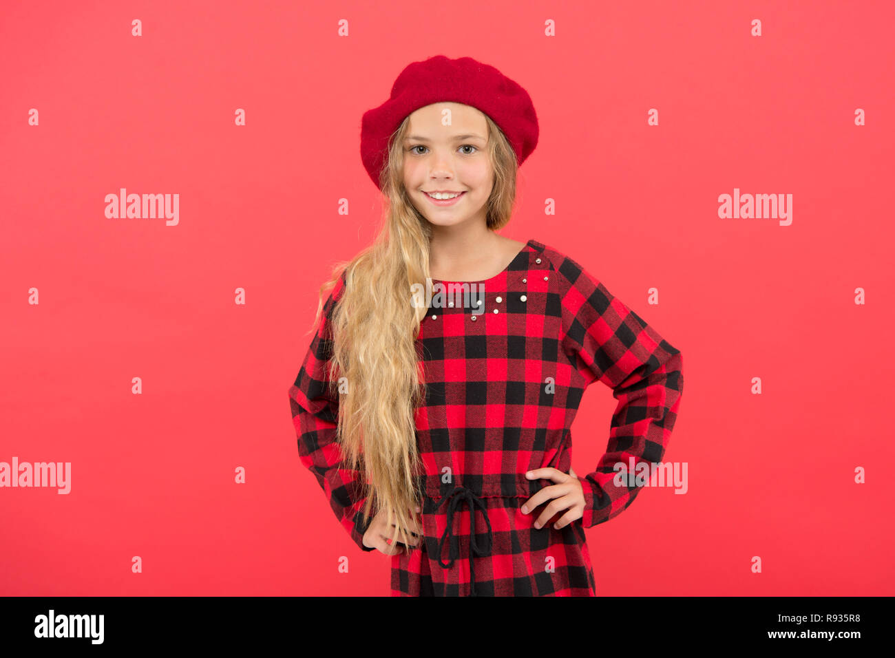 Wear beret like fashion girl. Kid little cute girl with long blonde ...