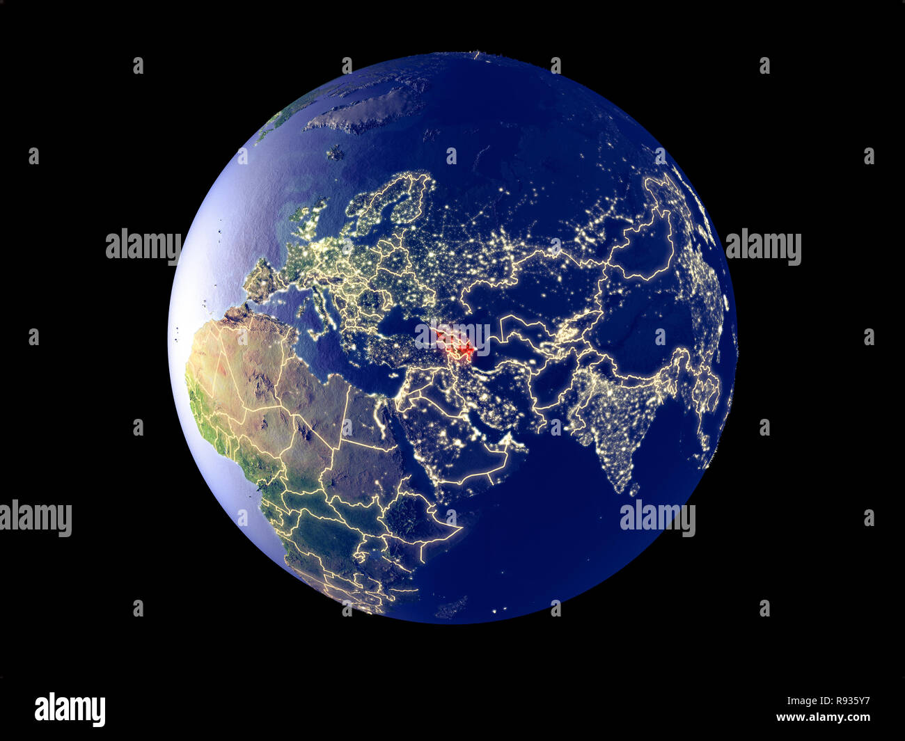 Caucasus region from space on model of planet Earth with city lights ...