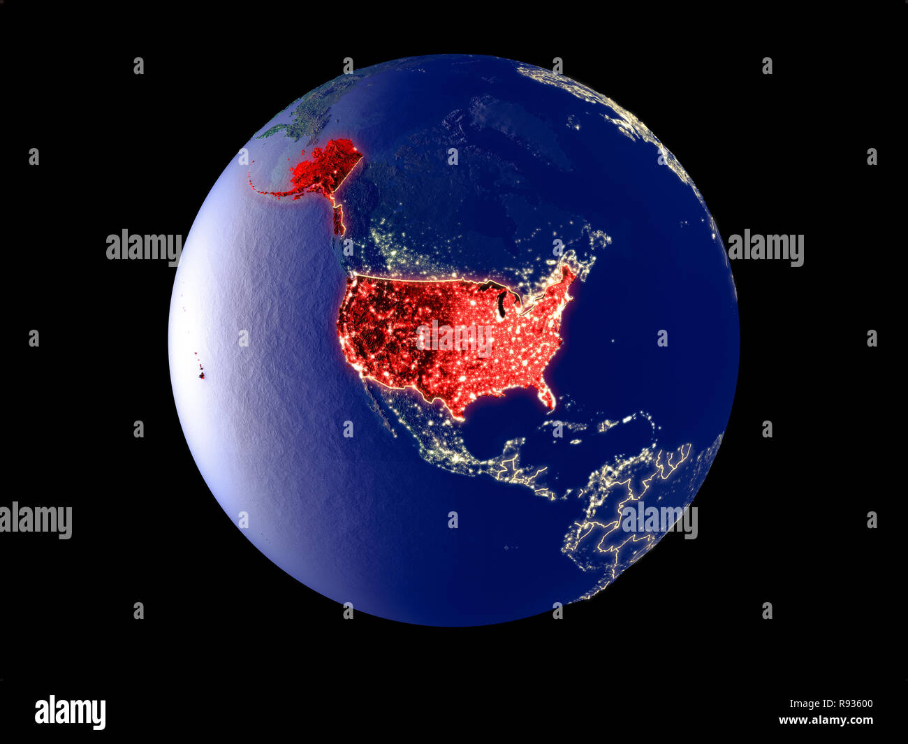 United States from space on model of planet Earth with city lights ...