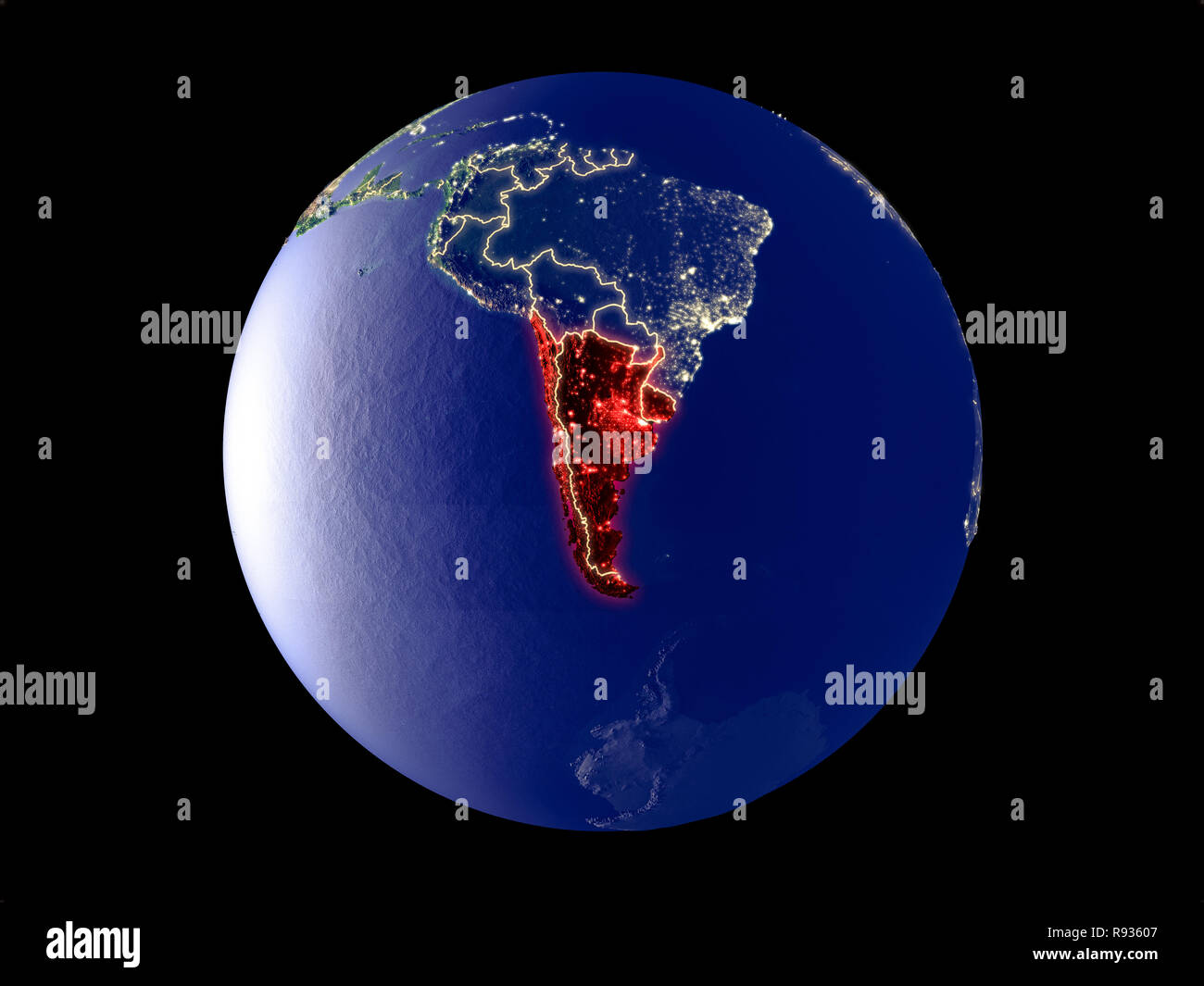 Southern Cone from space on model of planet Earth with city lights ...