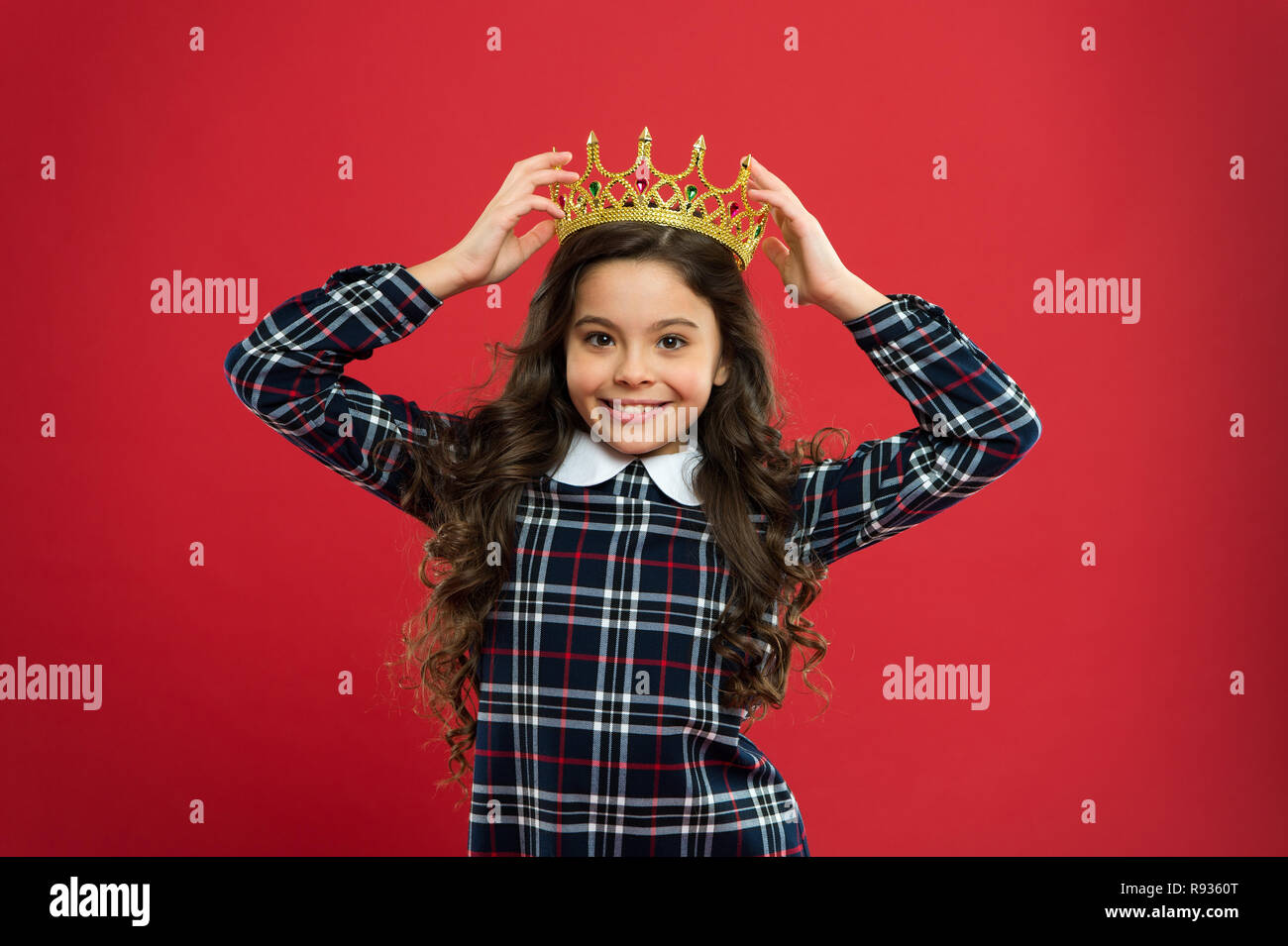 Princess manners. Elegancy suit her. Kid wear golden crown symbol of ...