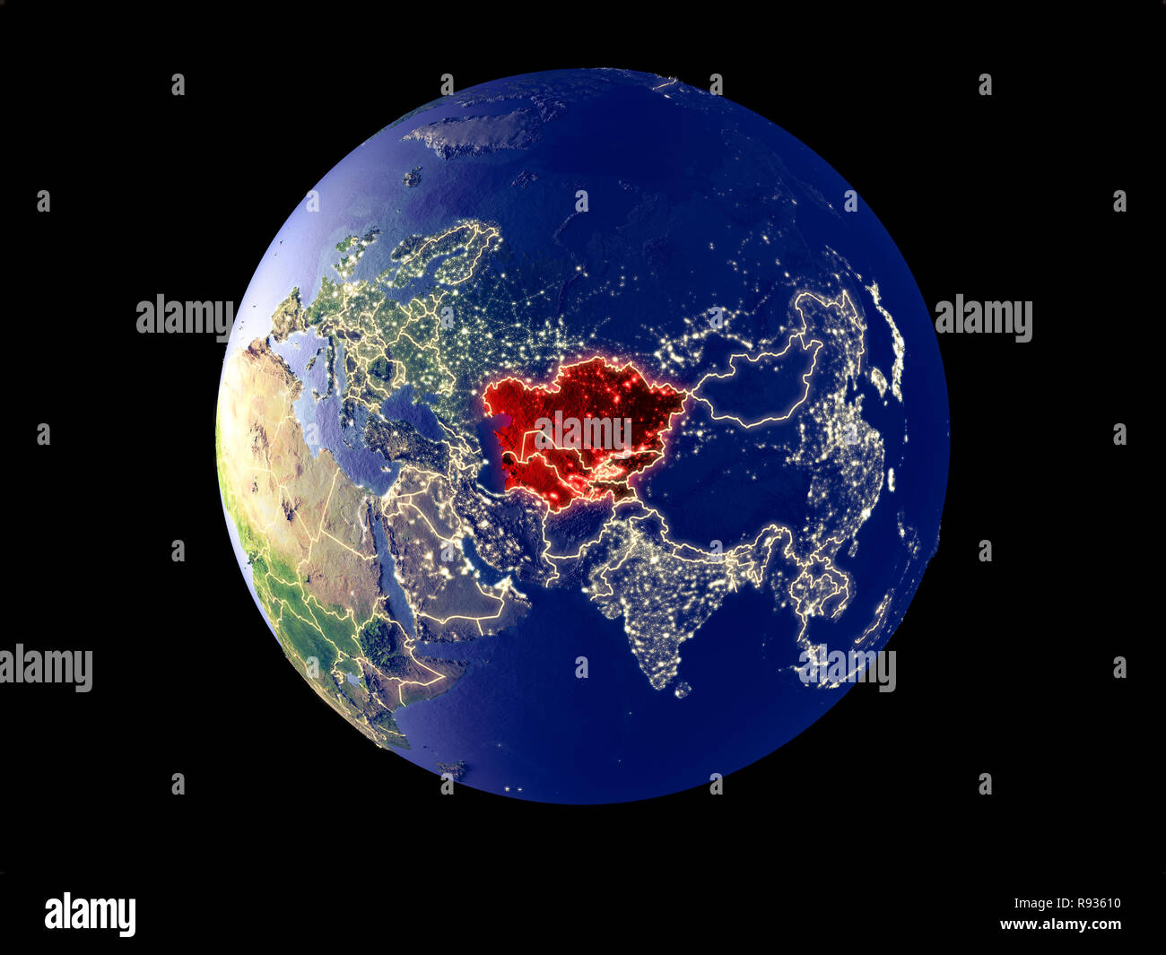 Central Asia from space on model of planet Earth with city lights. Very ...
