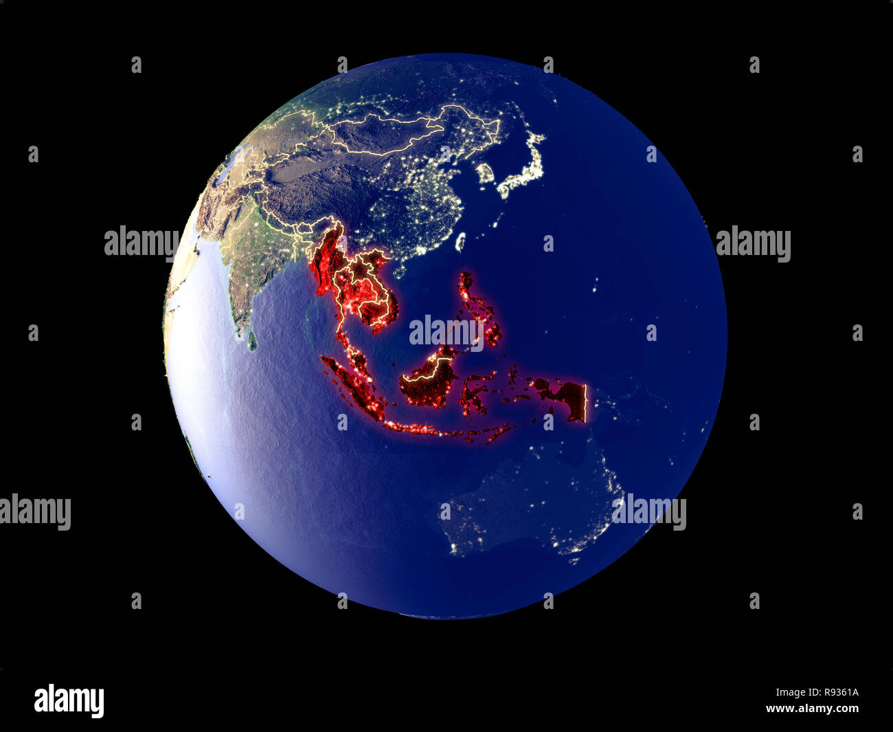 South East Asia from space on model of planet Earth with city lights ...