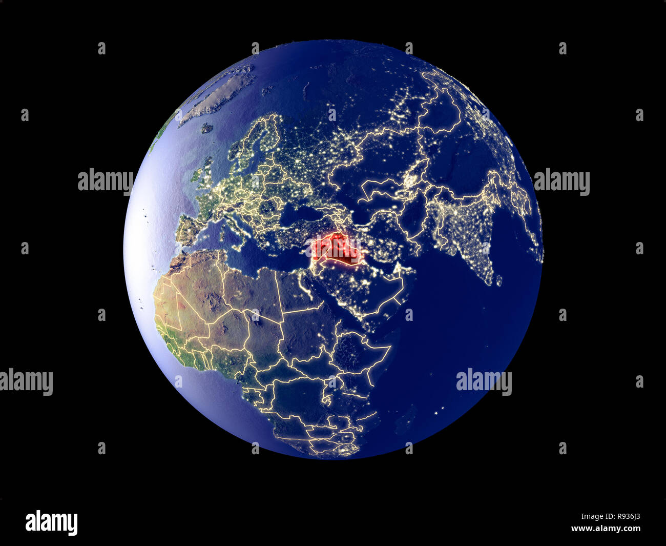Islamic State from space on model of planet Earth with city lights ...