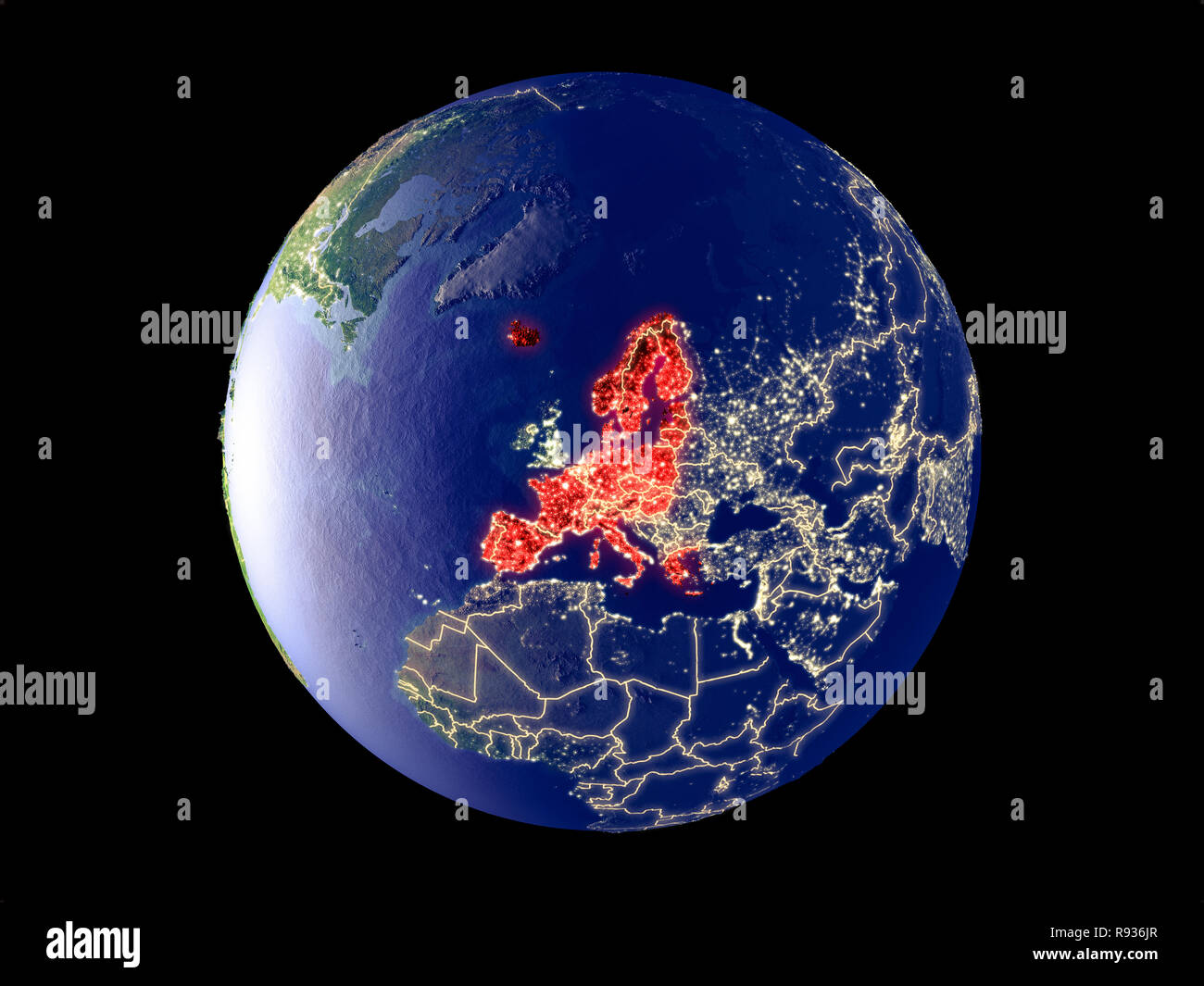Schengen Area members from space on model of planet Earth with city ...