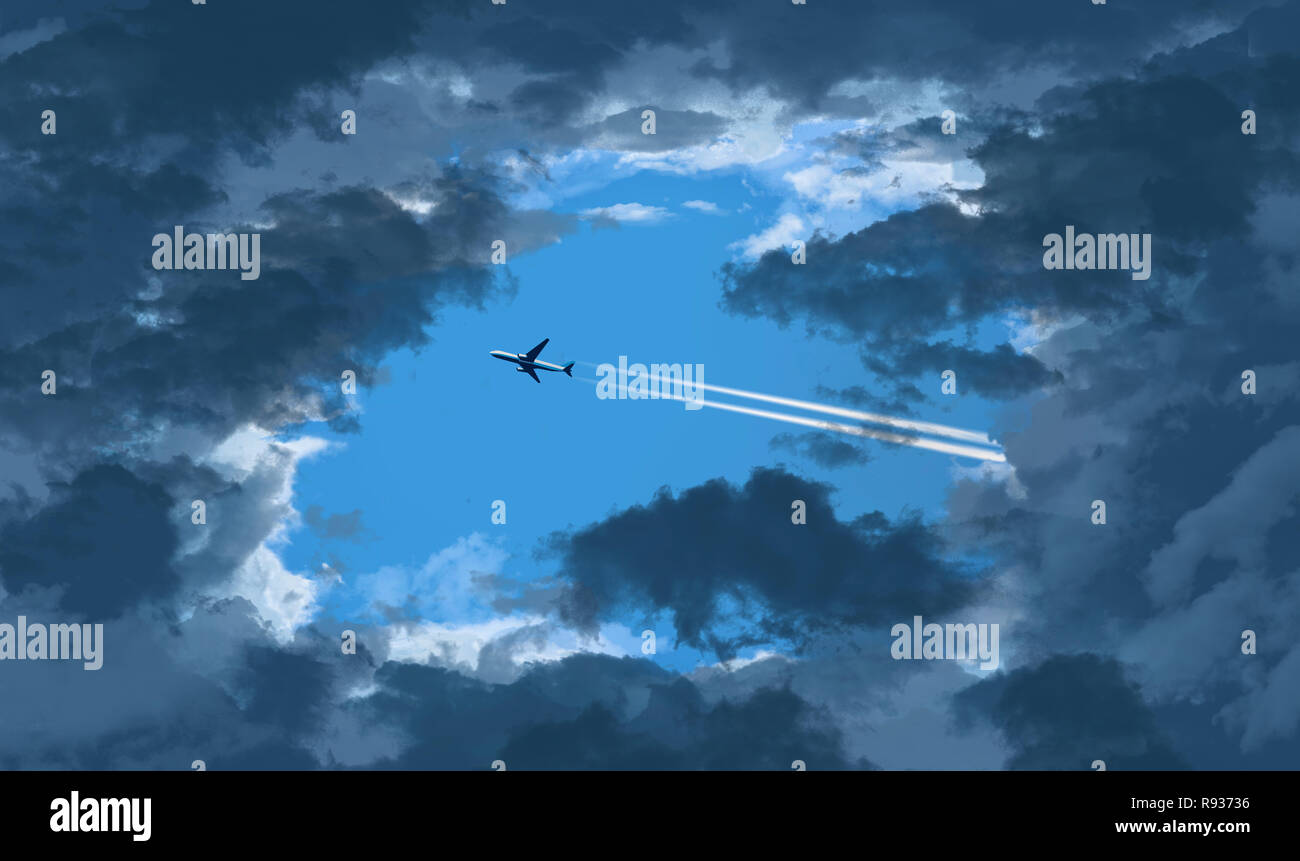 A jet airliner is seen through an opening in darkening clouds as it ...