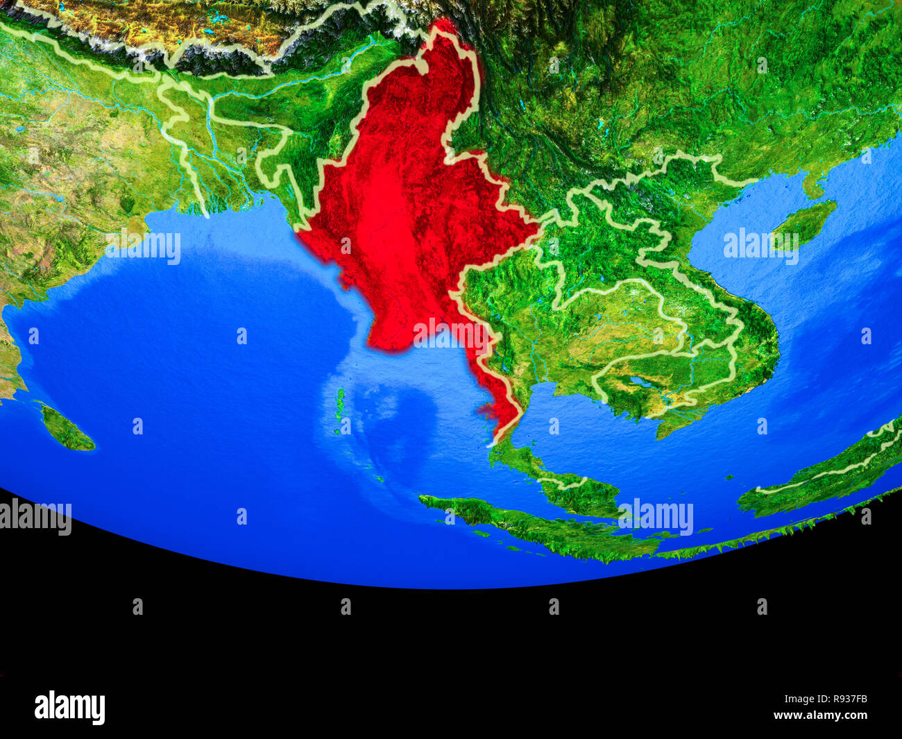 Myanmar from space on model of planet Earth with country borders. 3D ...