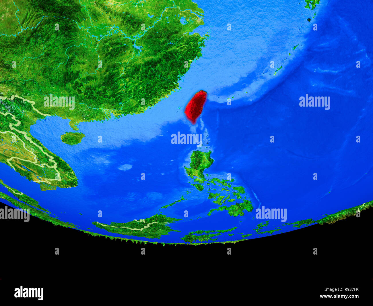 Taiwan from space on model of planet Earth with country borders. 3D ...