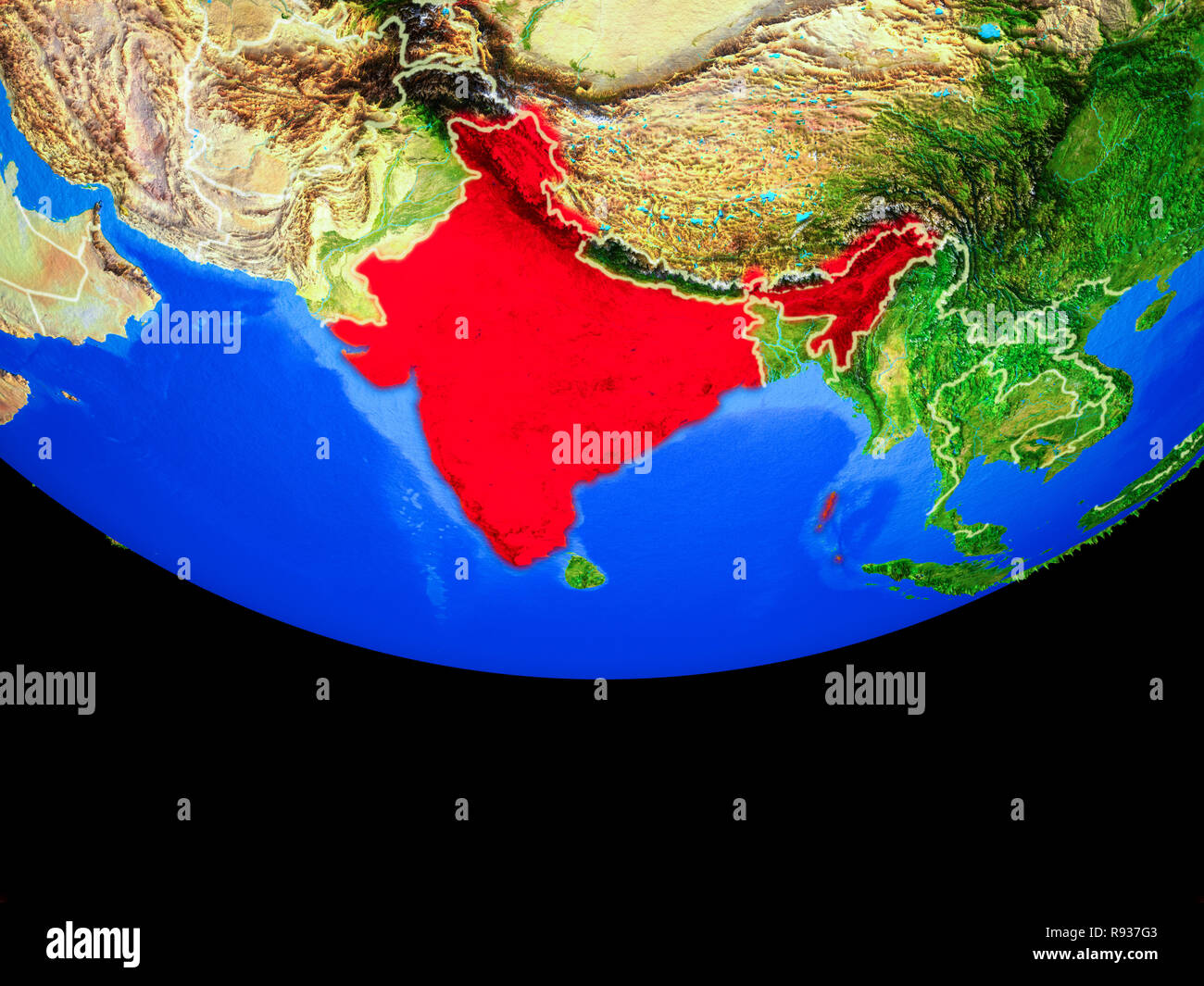 India from space on model of planet Earth with country borders. 3D ...