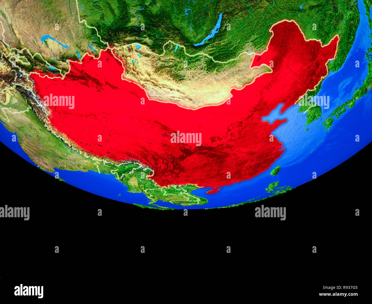 China from space on model of planet Earth with country borders. 3D ...