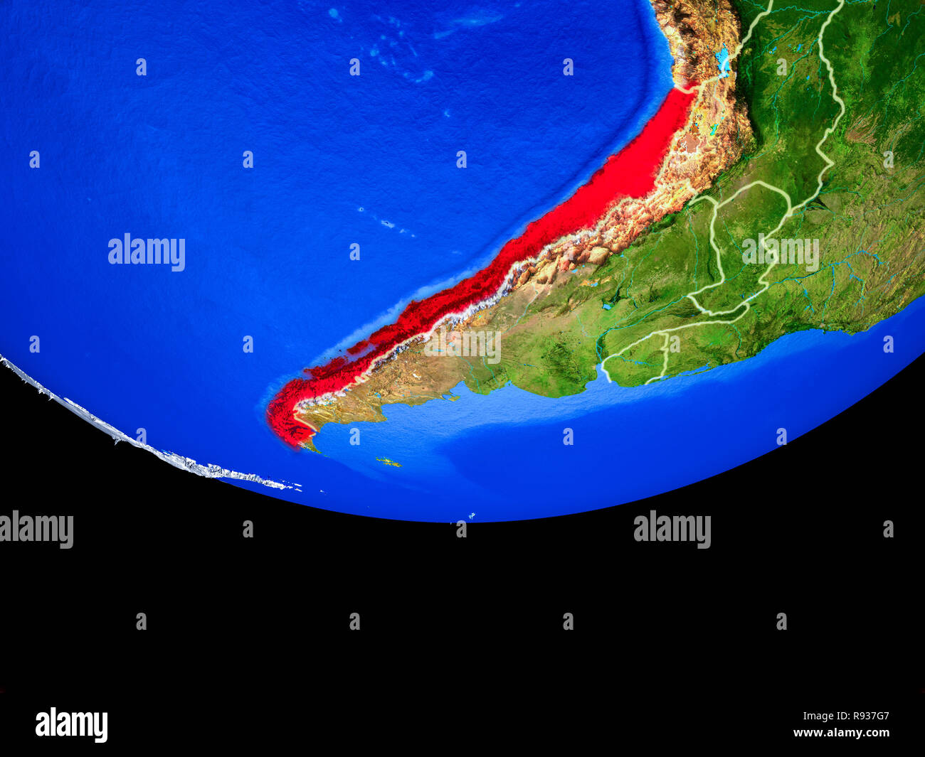 Chile from space on model of planet Earth with country borders. 3D ...