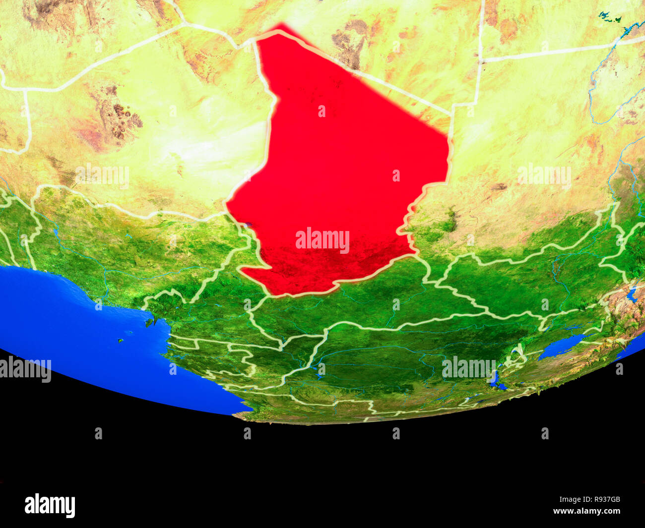 Chad from space on model of planet Earth with country borders. 3D ...