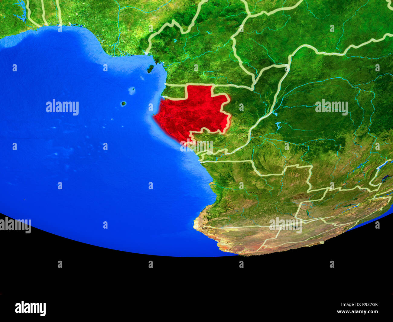 Gabon from space on model of planet Earth with country borders. 3D ...