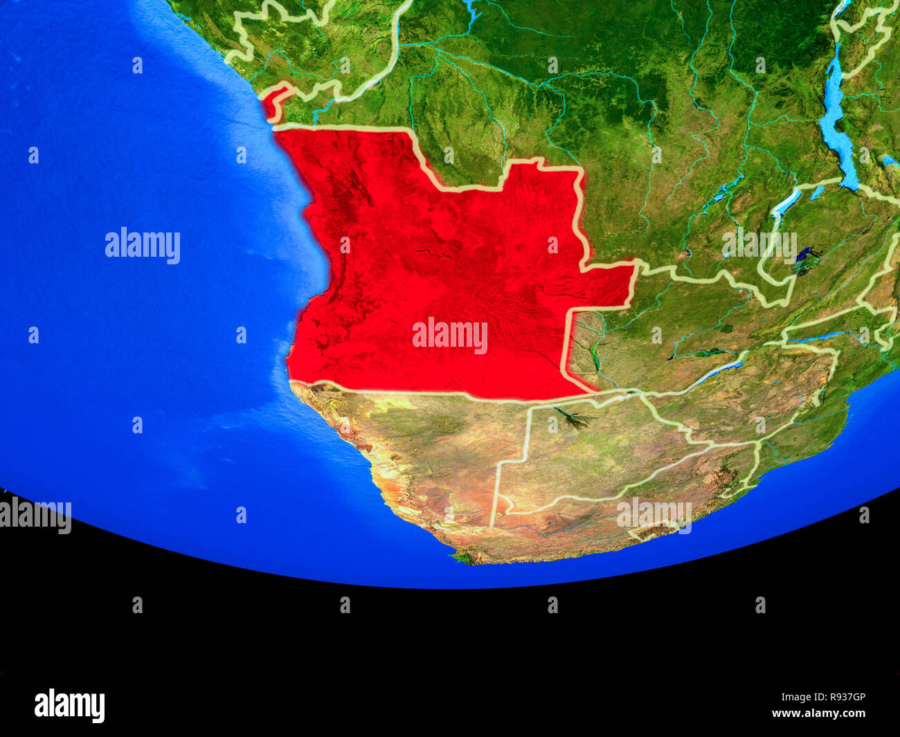 Angola from space on model of planet Earth with country borders. 3D ...