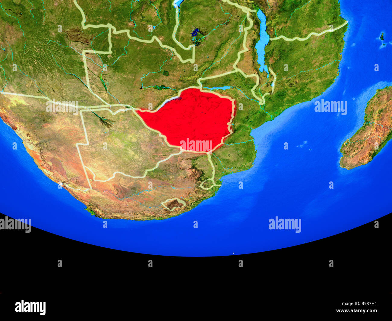 Zimbabwe from space on model of planet Earth with country borders. 3D ...