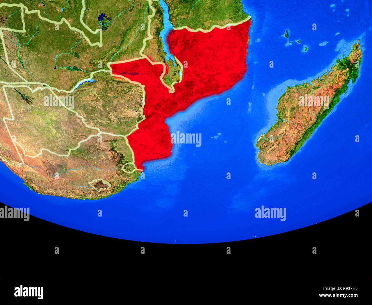 Mozambique from space on model of planet Earth with country borders. 3D ...