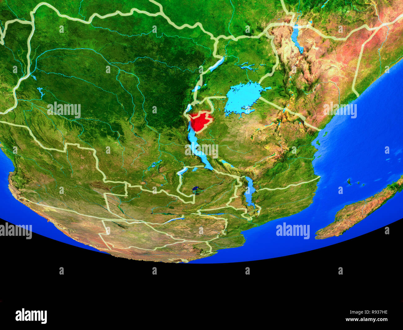 Burundi from space on model of planet Earth with country borders. 3D ...