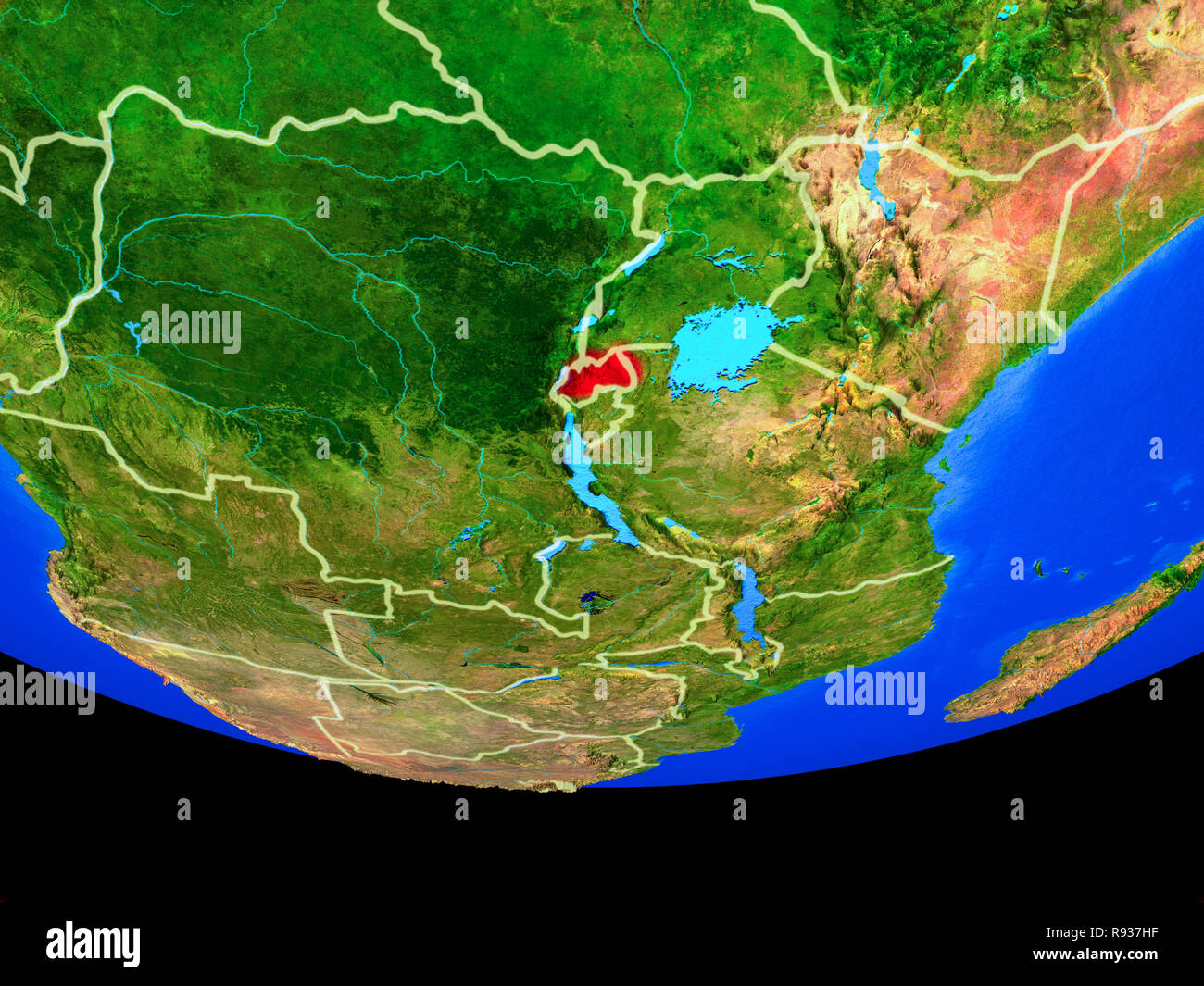 Rwanda from space on model of planet Earth with country borders. 3D ...