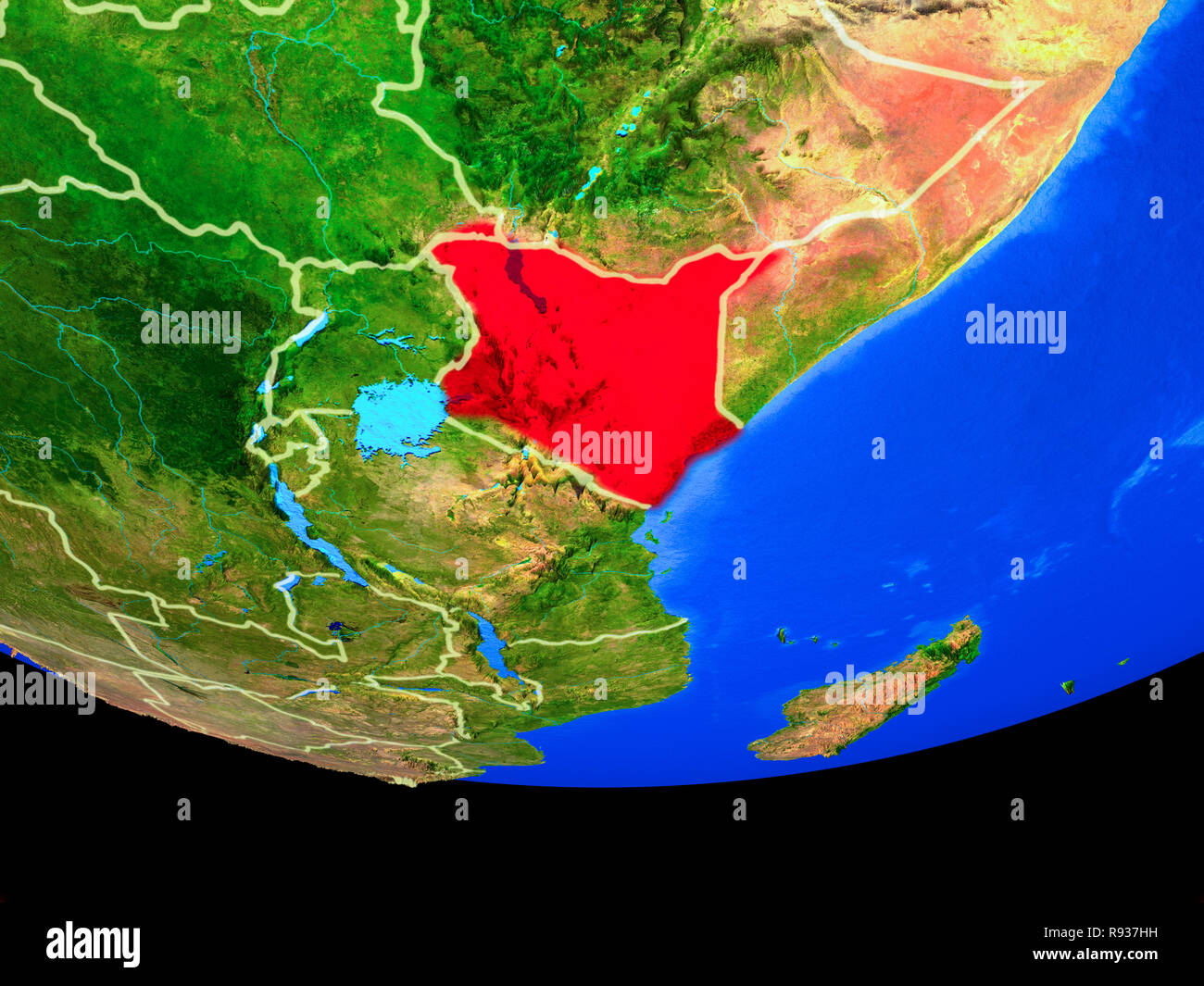 Kenya from space on model of planet Earth with country borders. 3D ...