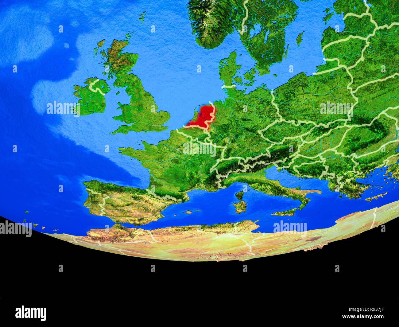 Netherlands from space on model of planet Earth with country borders ...