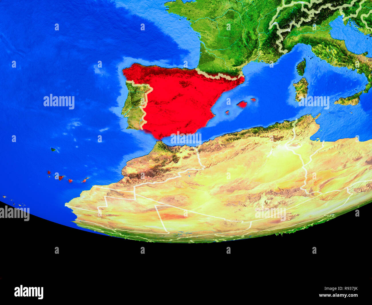 Spain from space on model of planet Earth with country borders. 3D ...