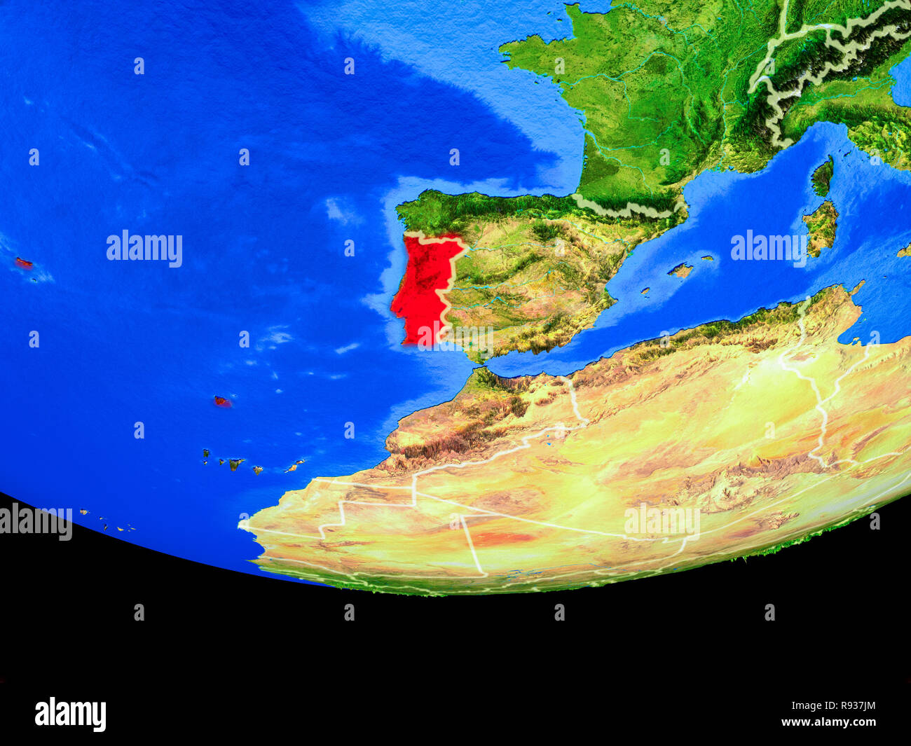 Portugal from space on model of planet Earth with country borders. 3D ...