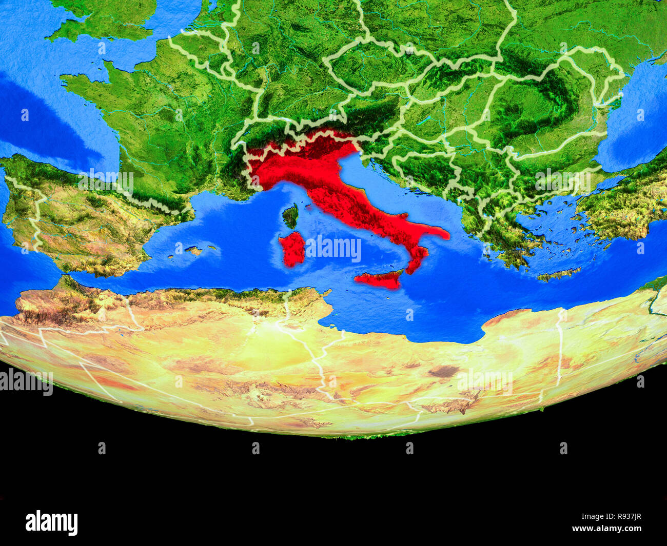 Italy from space on model of planet Earth with country borders. 3D ...