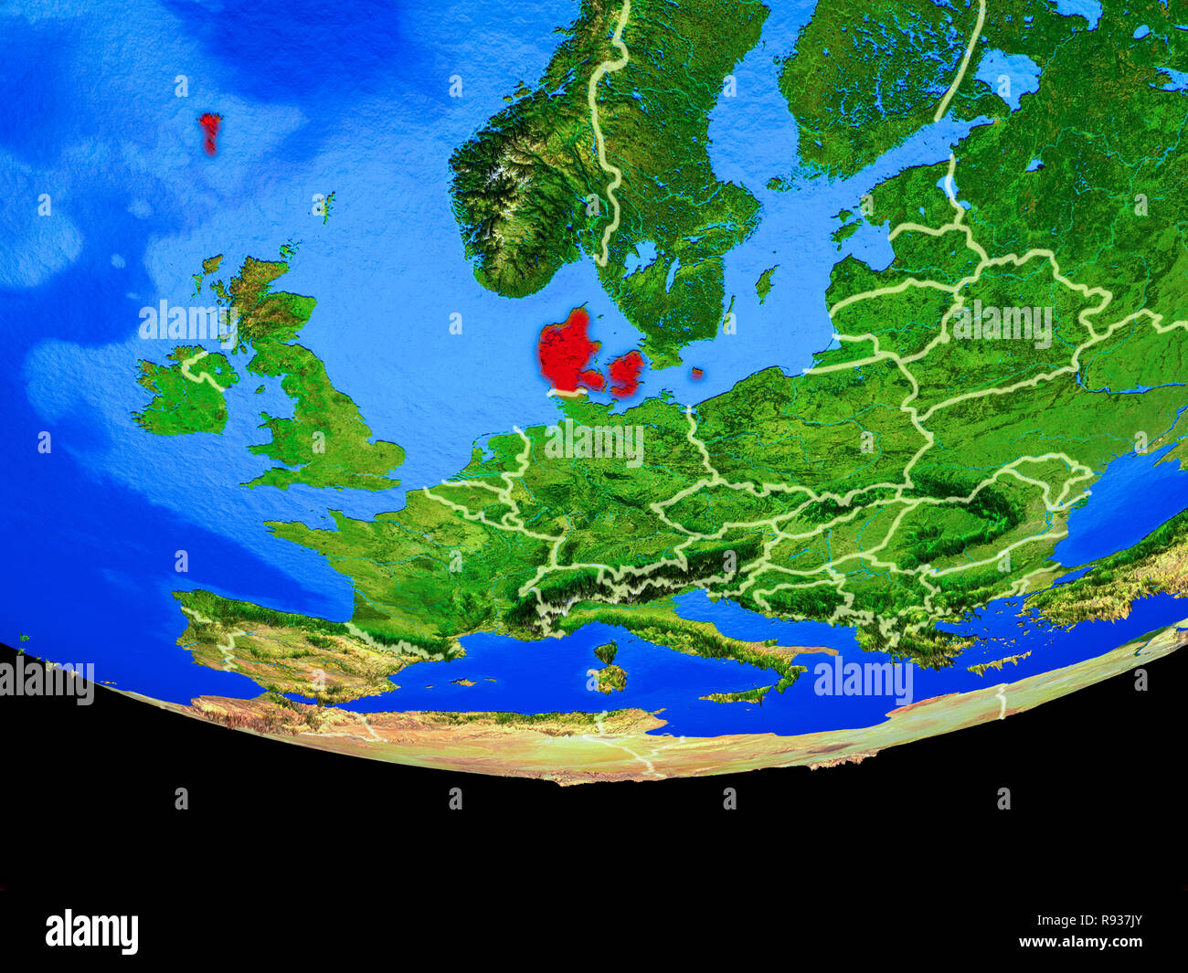 Denmark from space on model of planet Earth with country borders. 3D ...