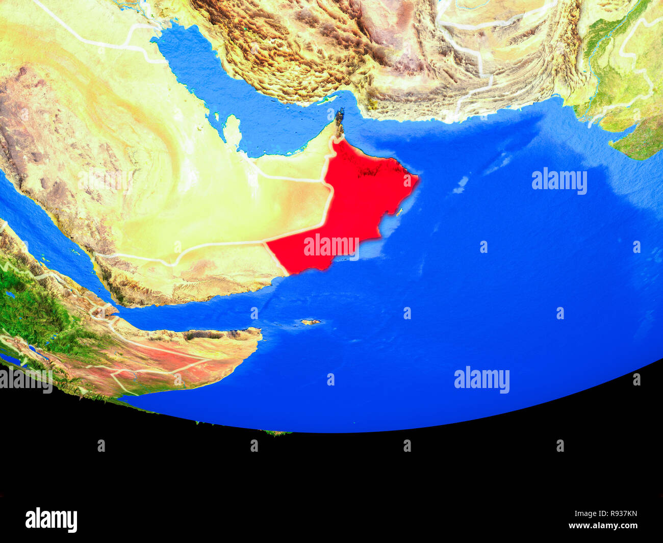 Oman from space on model of planet Earth with country borders. 3D ...