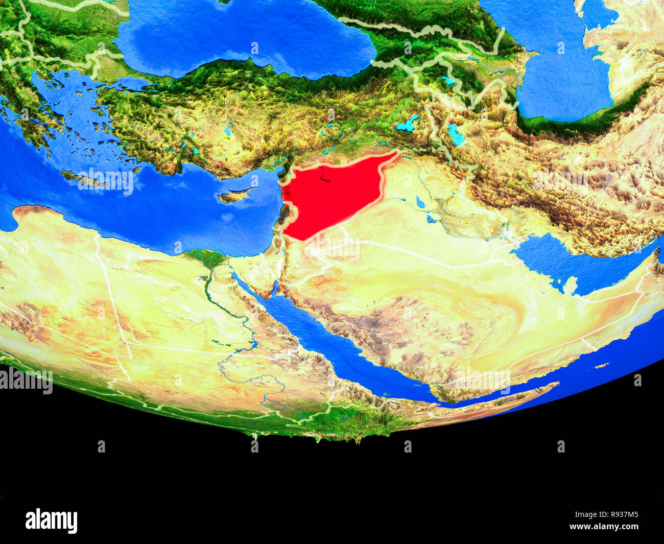 Syria from space on model of planet Earth with country borders. 3D ...