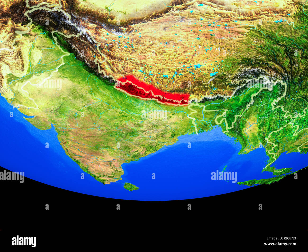 Nepal from space on model of planet Earth with country borders. 3D ...