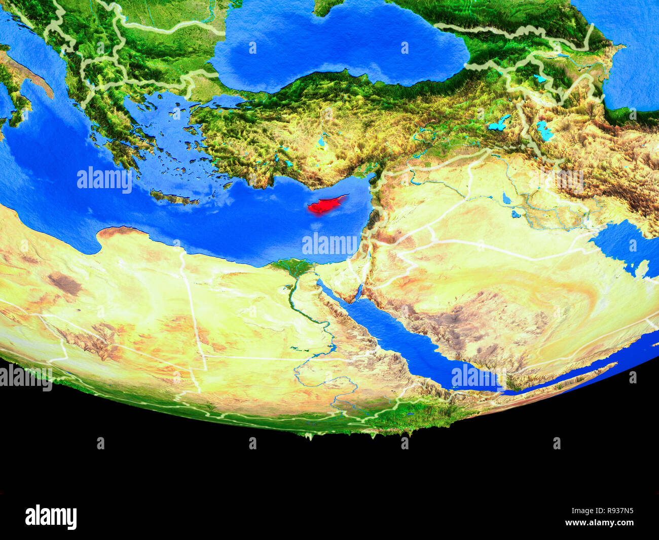 Cyprus from space on model of planet Earth with country borders. 3D ...